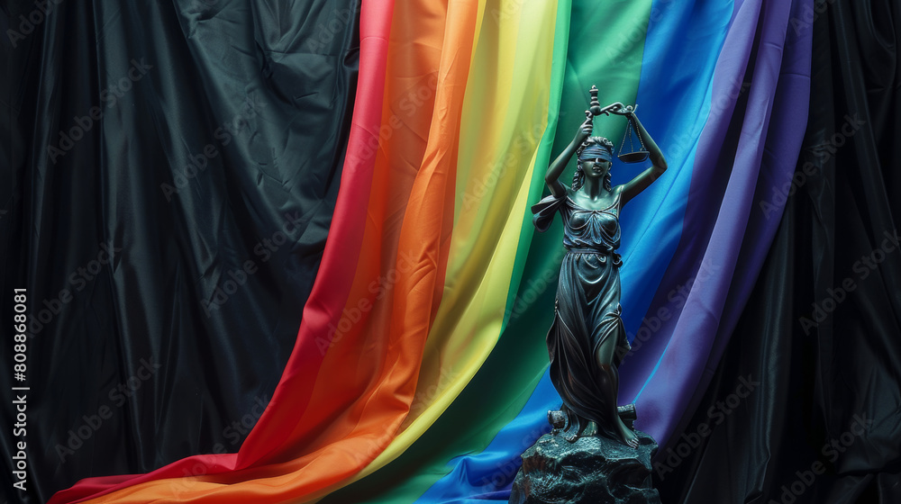 LGBT community flag with statue of lady justice, constitution and judge ...