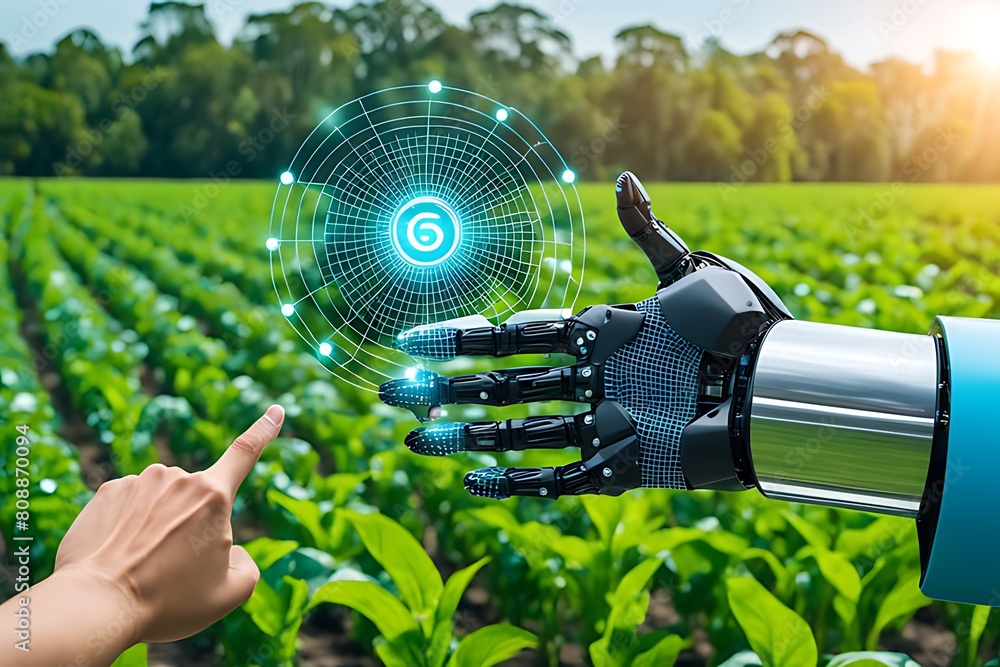 Embracing advanced agricultural technology, a person gestures towards a ...