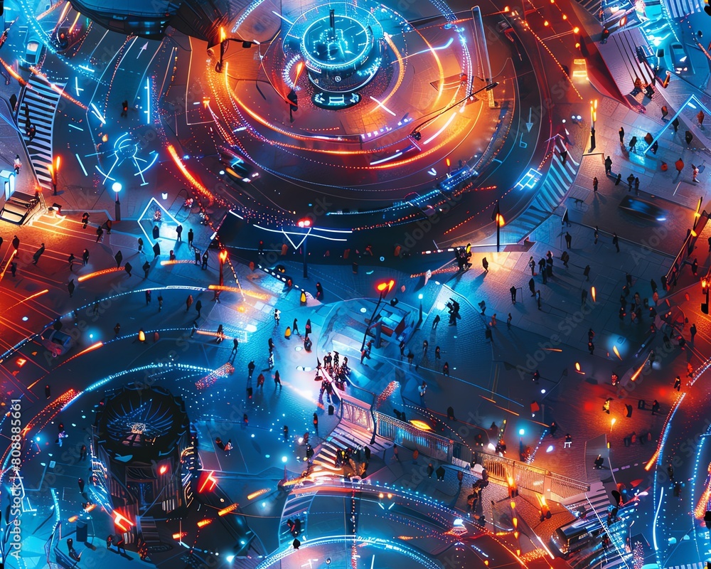Illustrate a captivating aerial scene where futuristic technologies and ...