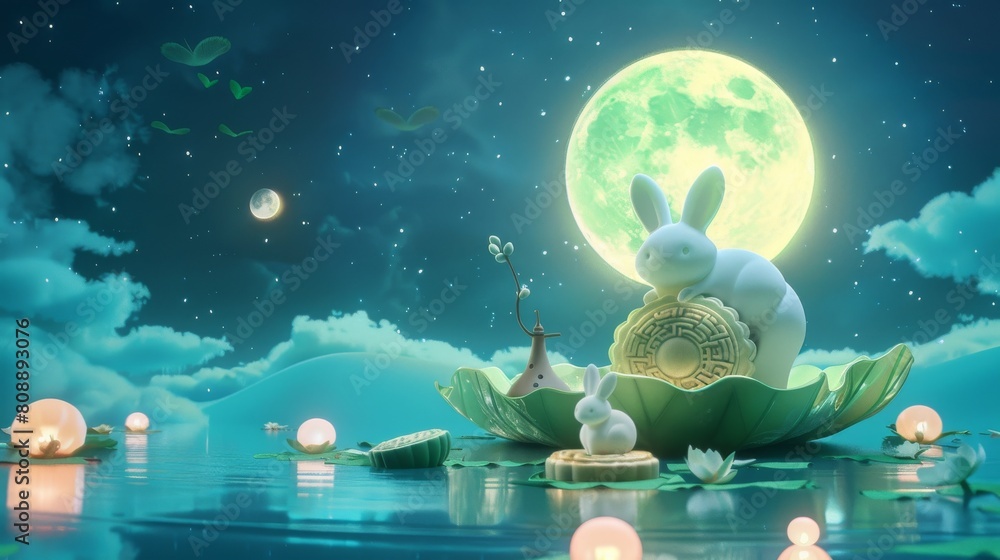 Illustration of jade rabbits eating mooncakes and pomelo on big ...