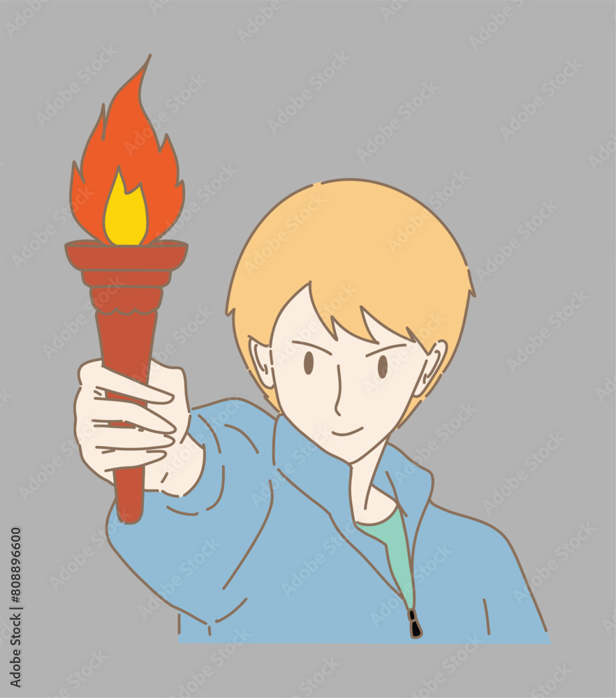 Vetor de Confident man in sport jacket holding golden torch with fire ...