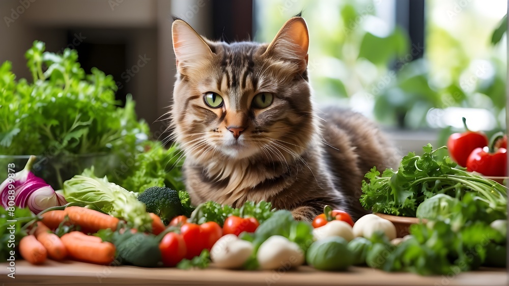 A domestic cat displaying an array of vibrant greens and vegetables is ...