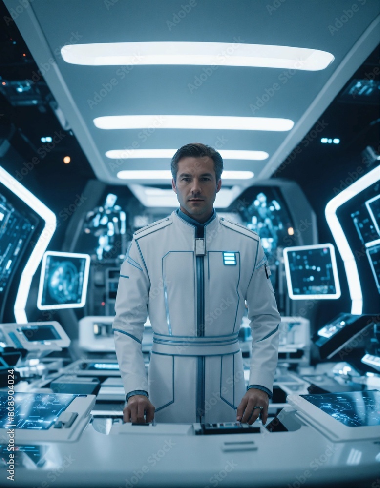 zoom out on white male star command Doctor wearing a sleek futuristic ...