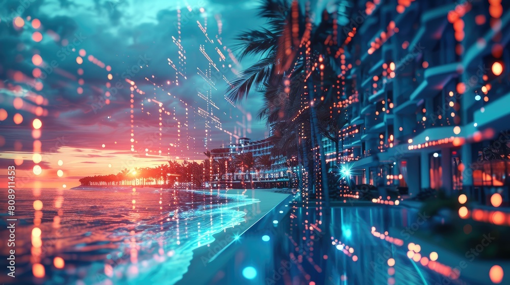 Stock graph goes up in front of a beach hotel, with a color bitmap ...