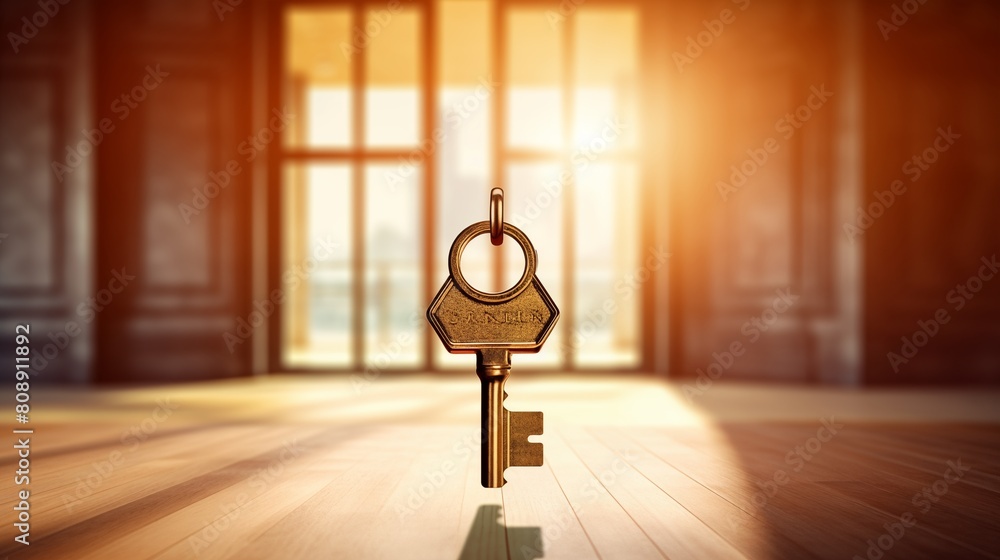 Opening door with golden house key chain on fuzzy interior background ...