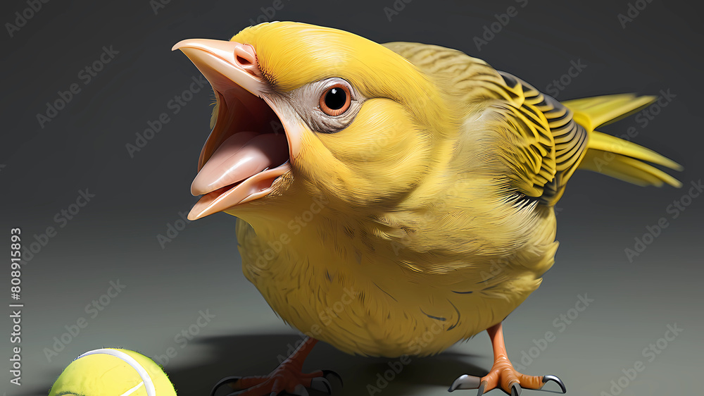 cute yellow canary bird head with a tennis ball, wow detailed hyper ...