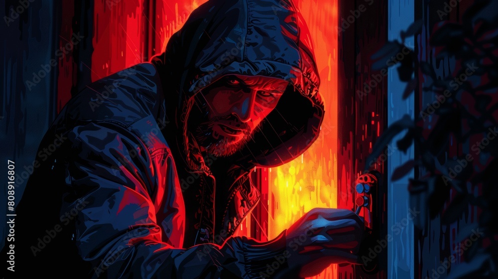 Thief, burglar, criminal, outlaw or thief wearing hoodie trying to open ...