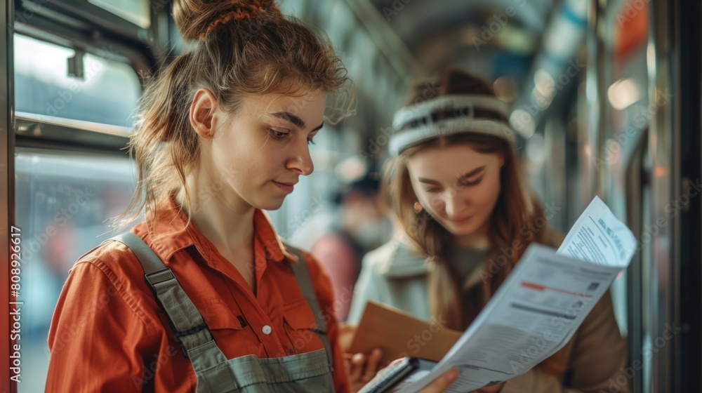 Woman conductor checking ticket of male passenger using bar code reader ...