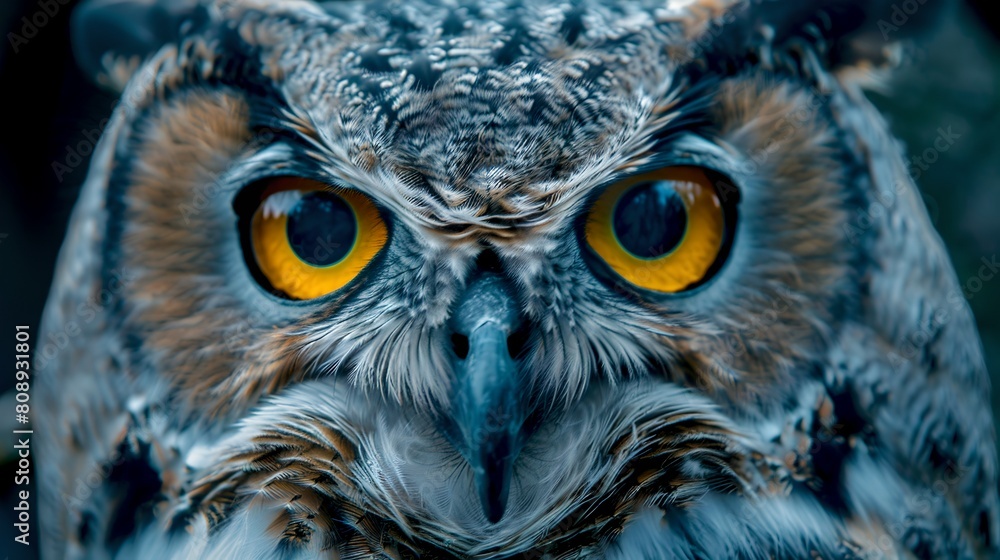 Intense gaze of an owl in close-up. Striking details show the bird's ...