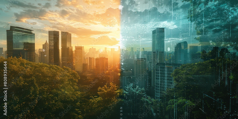 Digital generated image of two environments stuck. Right part covered ...