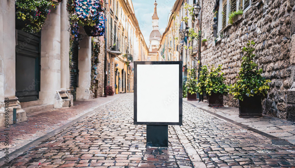 Outdoor mockup of a blank information poster on patterned paving-stone ...