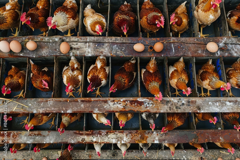 crowded battery cage chicken farm with rows of hens for egg production ...