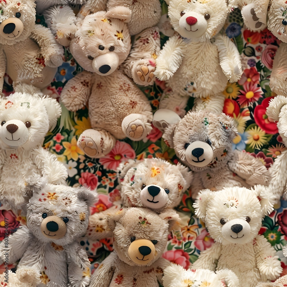 A collection of teddy bears are displayed on a floral background. The ...