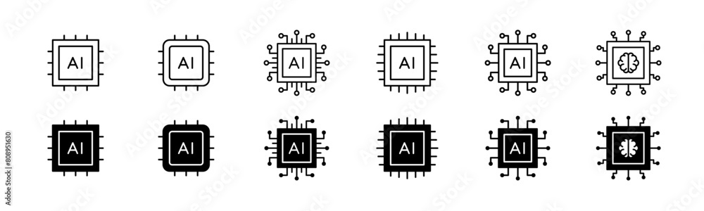 AI chip icon set. Line and glyph AI processor chip. Artificial ...