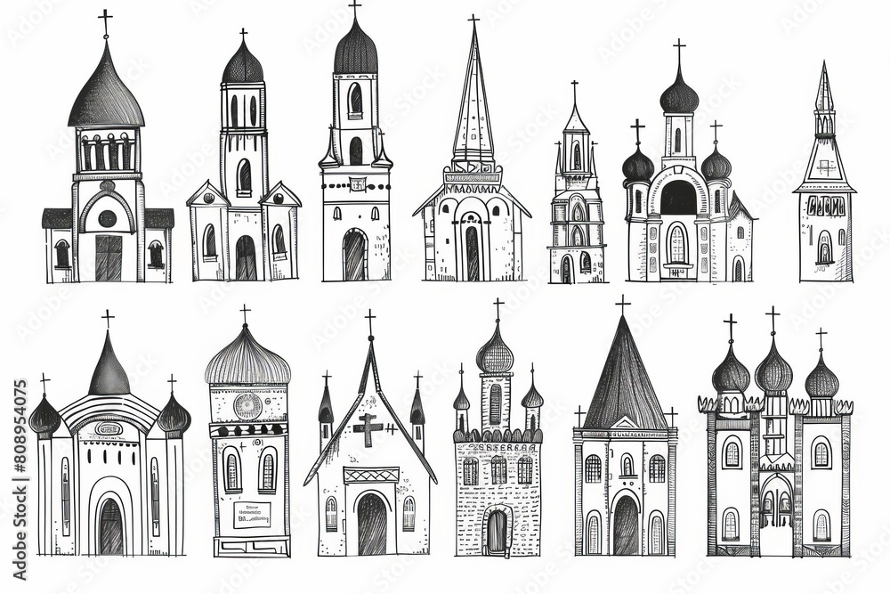 handdrawn church facades with towers doodle set isolated on white ...