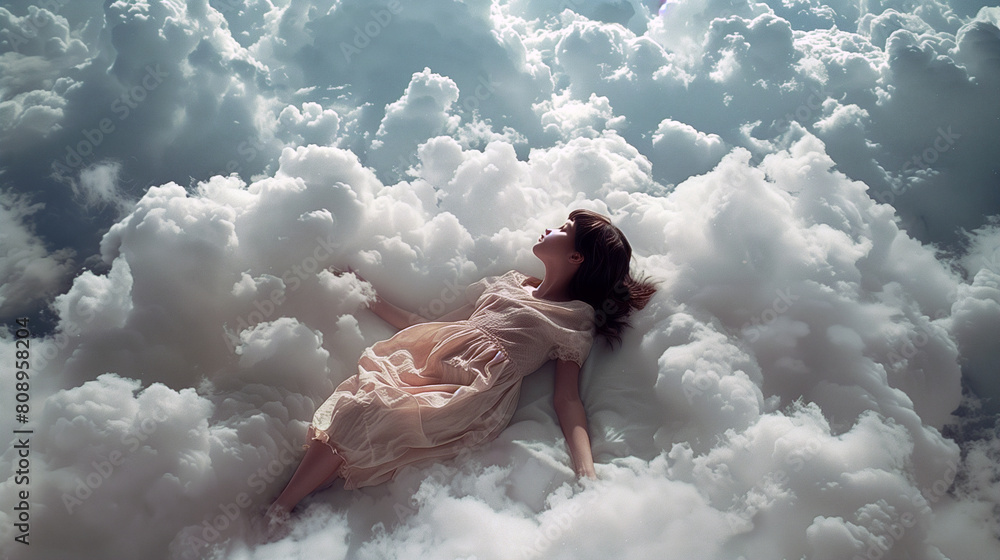 Top view of a little girl lying on clouds sleeping, wearing a pink dress. Taking a nap on heaven ...