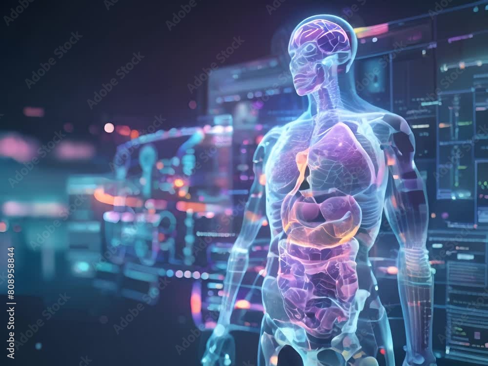An illustration of the human body and internal organs, with a glowing ...