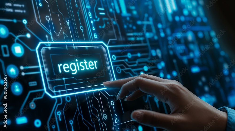 Hand touching register now button on electronic device screen Stock ...