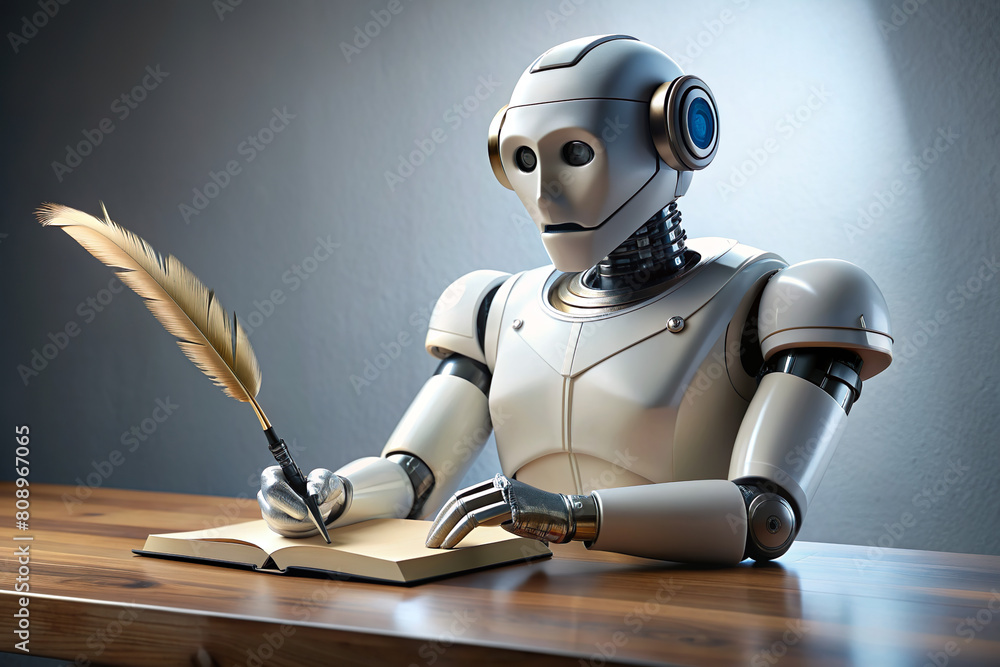 robot writing a book using quill pen. AI content writer concept Stock Illustration | Adobe Stock