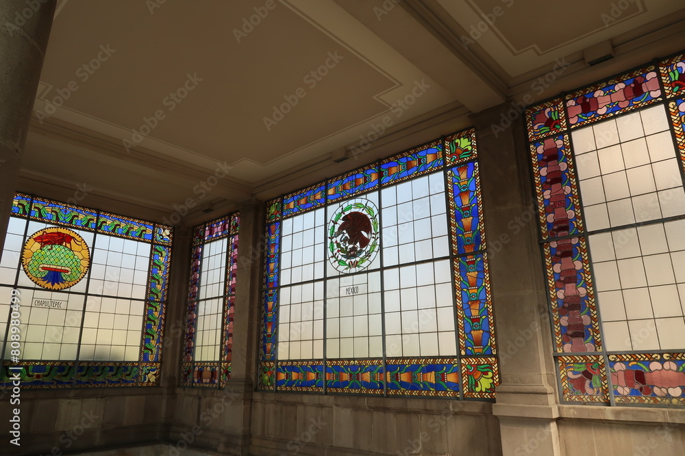 Stained glass window with the emblem of Chapultepec/grasshopper ...
