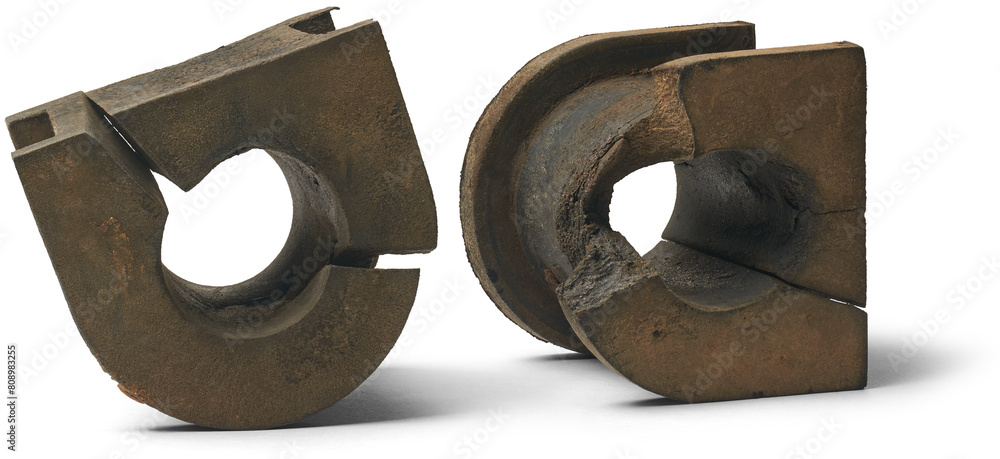 used broken vehicle stabilizer rubber bushings, dirty worn-out car ...