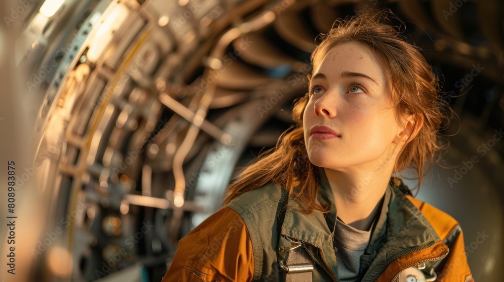 Under the towering jet engine A female trainee aircraft maintenance ...