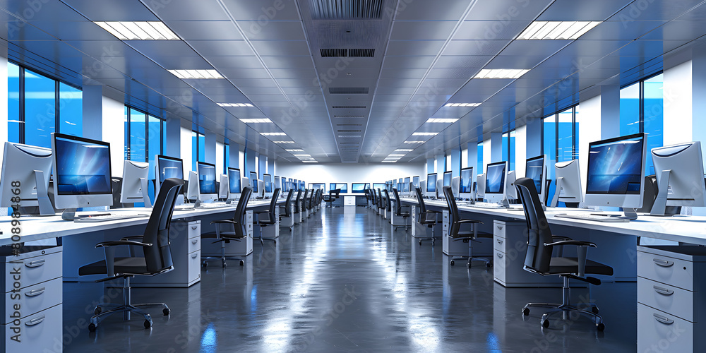 Panoramic office hall with rows of computer tables with many computers ...