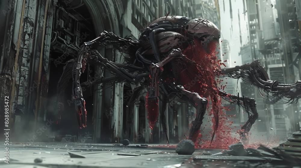 Imagine a digital masterpiece blending futuristic elements with horror ...