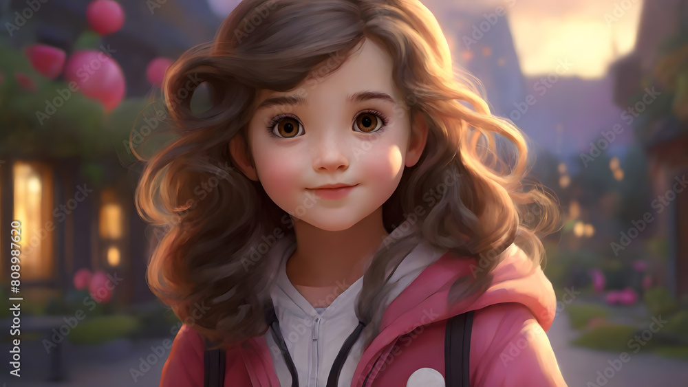 Cartoonist style portrait, cute girl, child, or kid with a forward gaze ...