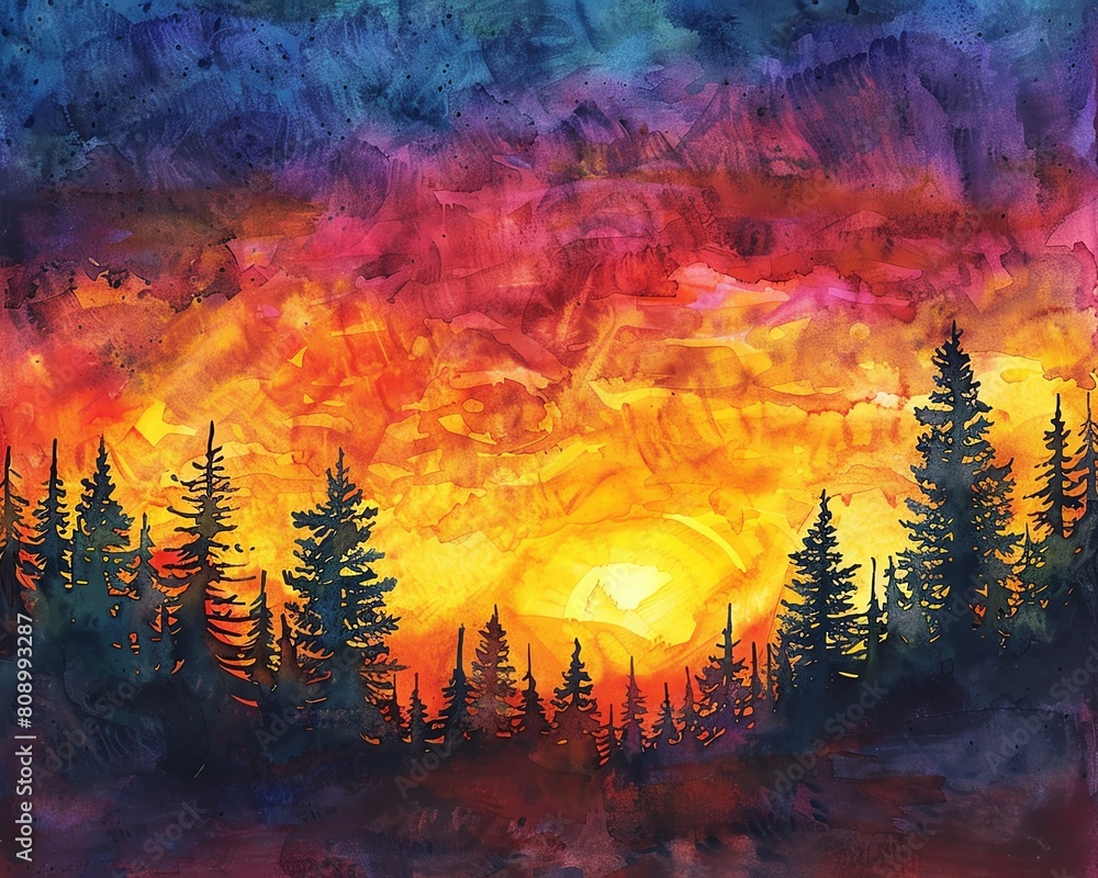 Create a watercolor painting of a forest fire. The sky should be a ...