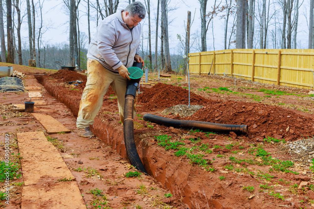 Installation storm drainage drain pipes in trench drains for drainage ...