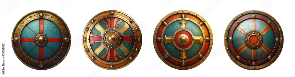 Set collection of old classic warrior shields isolated on transparent background. Generative AI ...