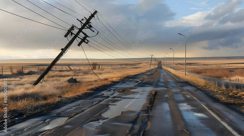 Damaged Power Lines on Deserted Rural Highway Amid Dramatic Stormy ...