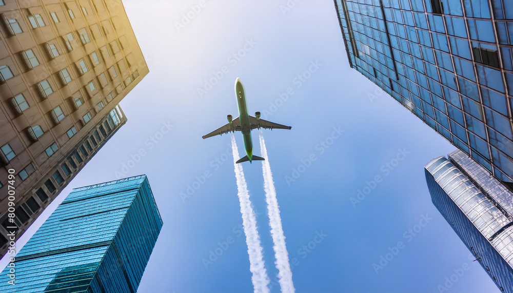 airplane in the clouds. airplane flying in the skies, with smoke trail ...