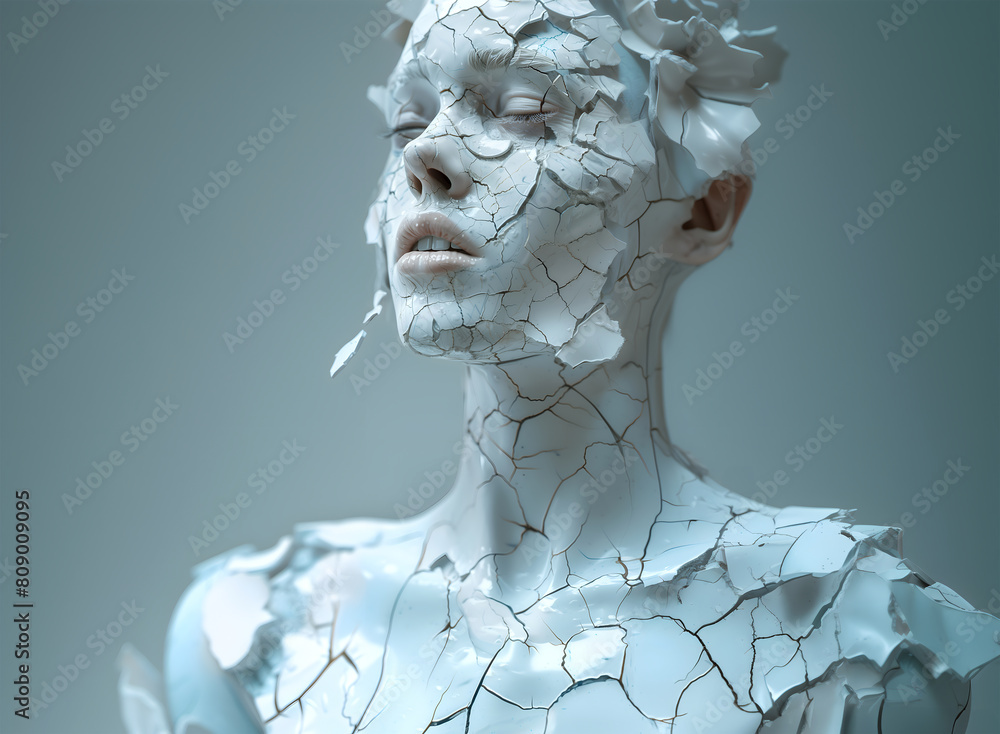 Fashion surreal Concept. Closeup portrait of cracked wax plaster cement ...