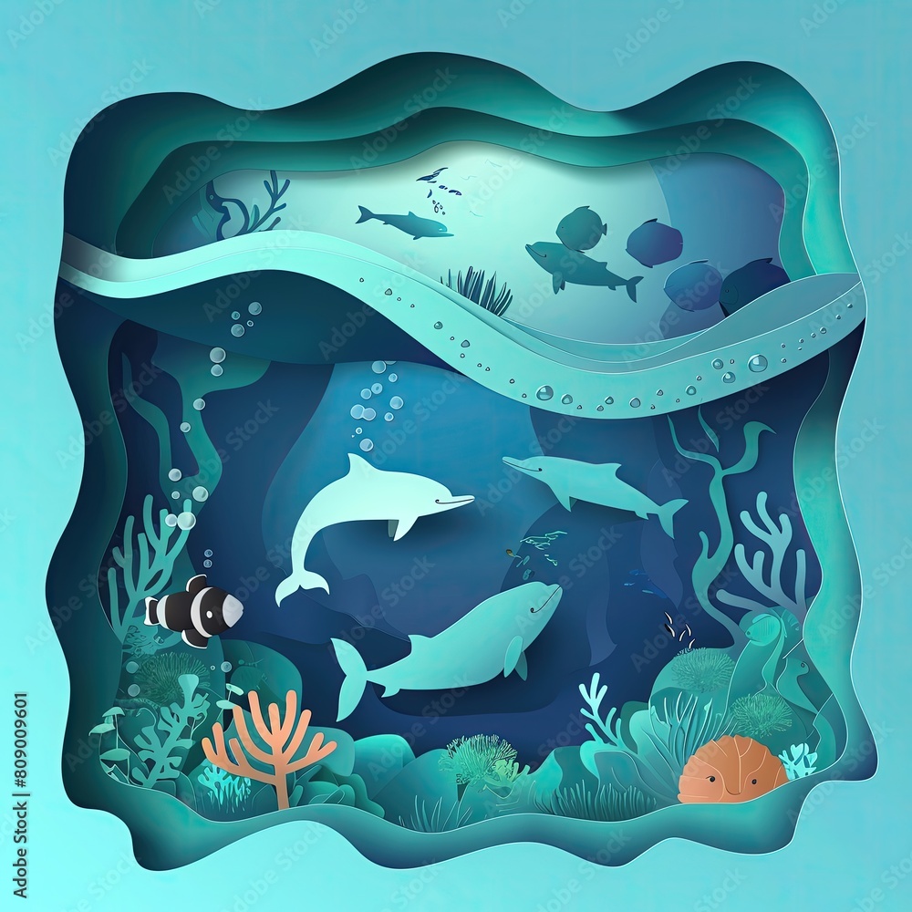 Paper cut art underwater scenes flat design side view ocean life theme ...