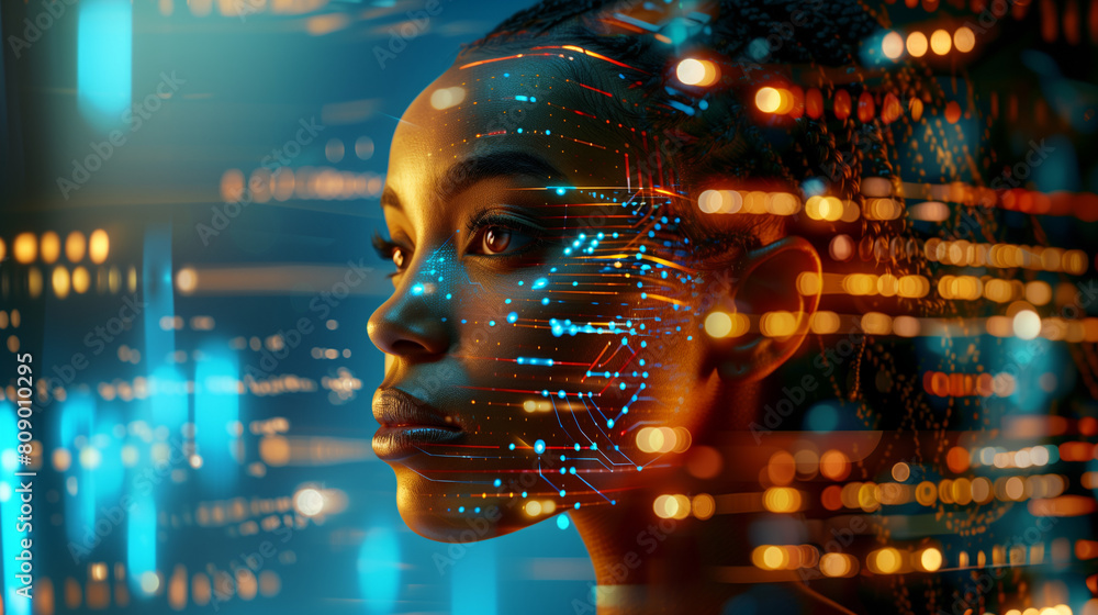portrait of a woman with an AI background. AI portrait concept. Side ...