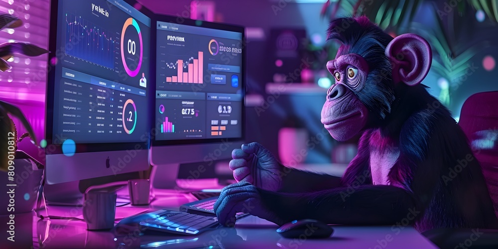 Insightful Monkey Analyzing Digital Data Dashboard in Futuristic Neon ...