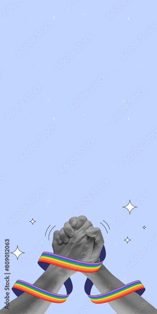 Hands clasped together, bounded by vibrant rainbow ribbon, symbolizing ...