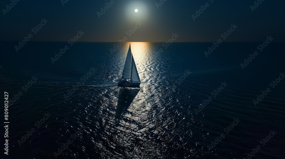 Midnight Sail under the Full Moon, Drone footage capturing a solitary ...