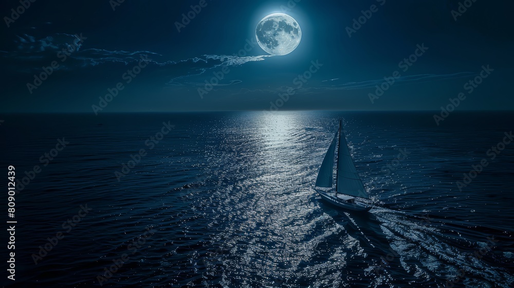 Midnight Sail under the Full Moon, Drone footage capturing a solitary ...