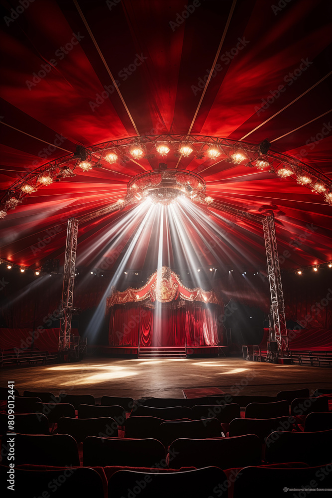 Circus arena classic round stage under marquee dome with spotlight ...