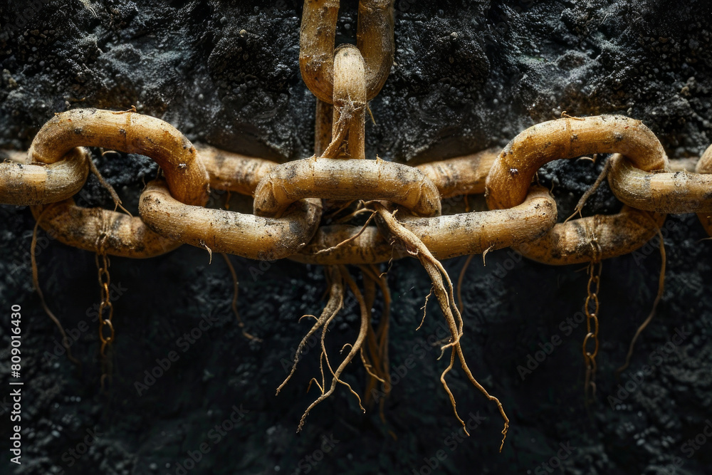 Ginseng roots illustrated as chains breaking free from the ground ...