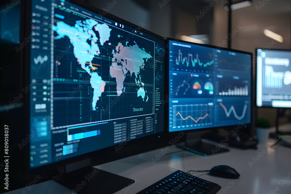 Modern surveillance room with multiple monitors displaying global maps ...