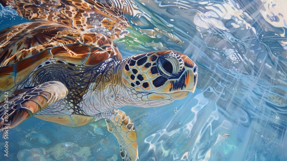 Sunlit Sea Turtle, Close-up of a sea turtle under crystal-clear water ...