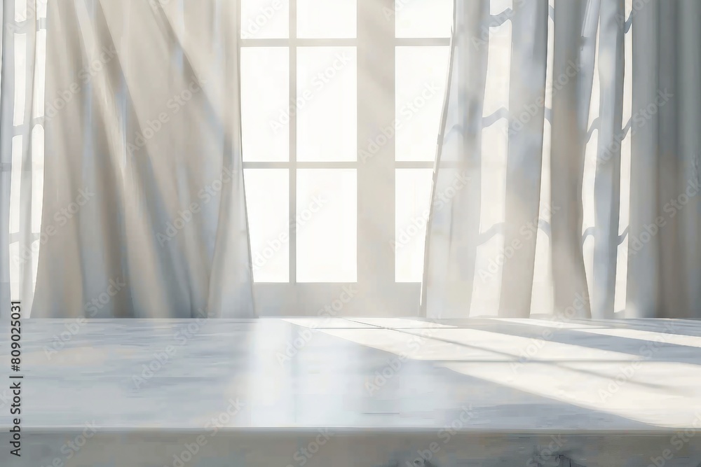 Empty marble desk in front of window light and white curtains. Home ...
