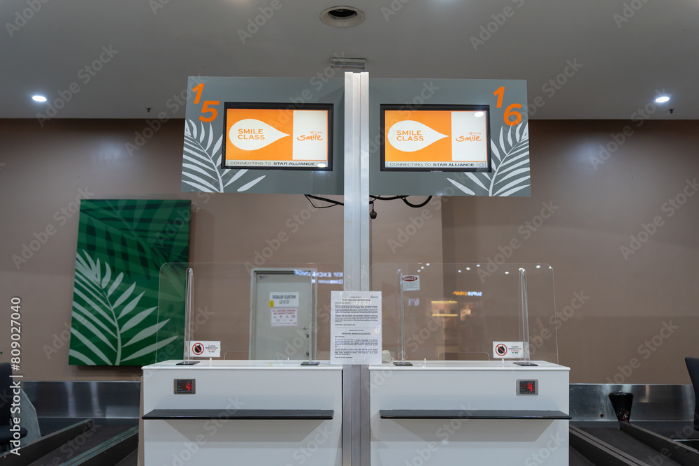 PENANG, MALAYSIA - AUGUST 14, 2023: Thai Airway check-in counter at ...