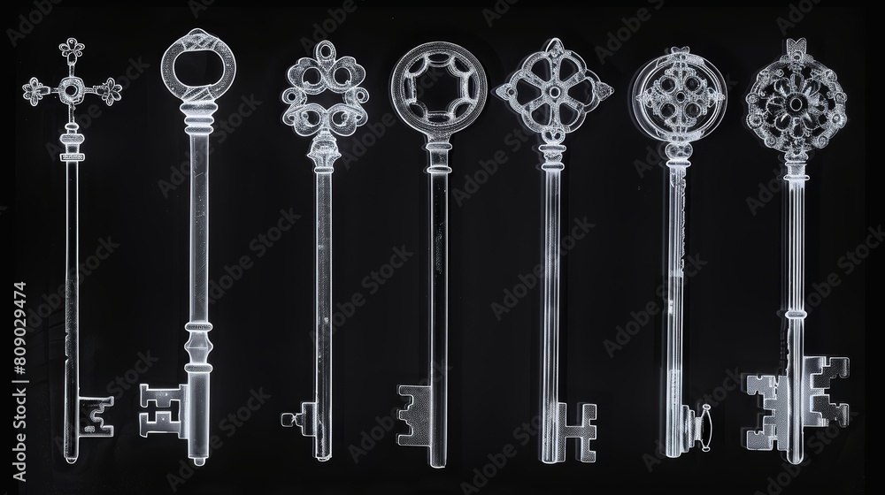 Vintage Key X-ray Collection, An X-ray scan of various antique keys ...