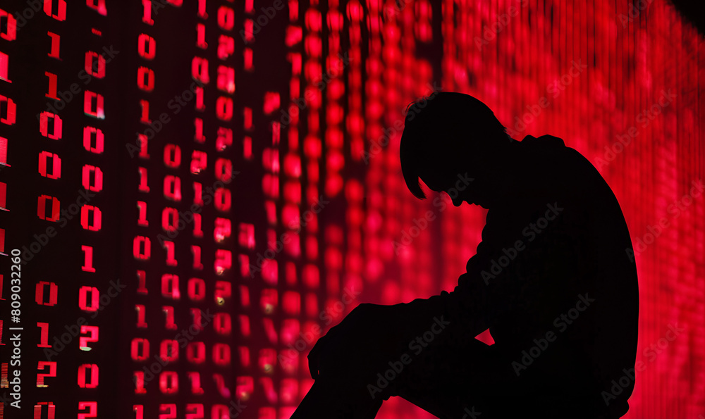 Computer Hacker On Abstract Binary Code Background Hacking Silhouette 4054