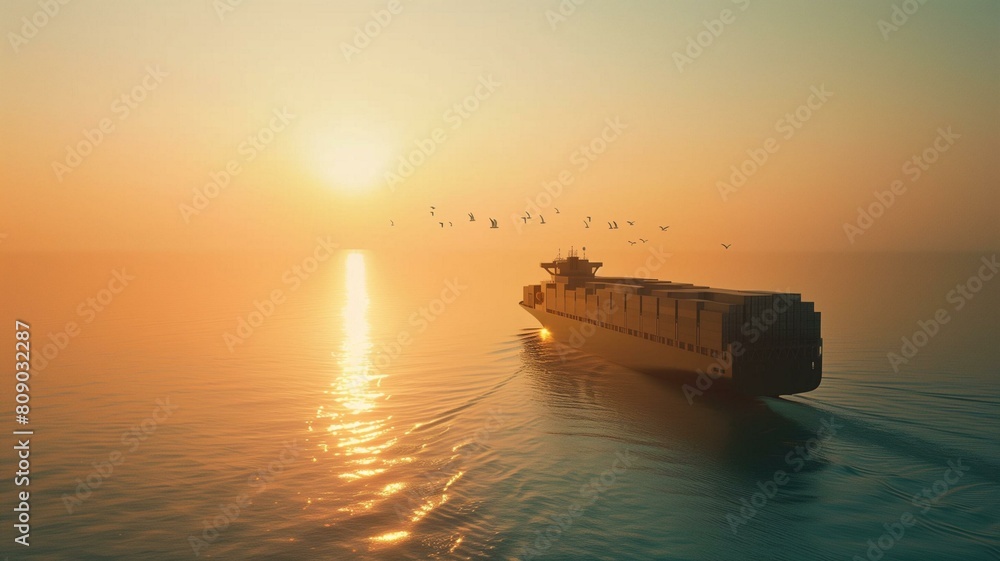 Amidst a tranquil expanse of endless azure, an immense container ship ...